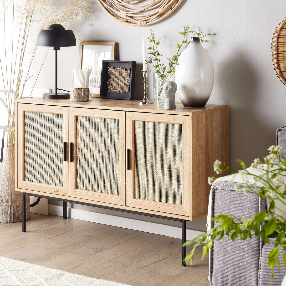 Oak Rattan Sideboard with Metal Legs 3 door – Sugar Apple